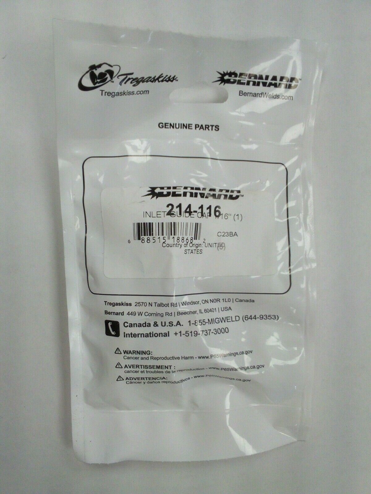 Bernard 214-116 Inlet Guide Cap 1/16" (1) Bag Of 5 – Atlas Welding Supply
