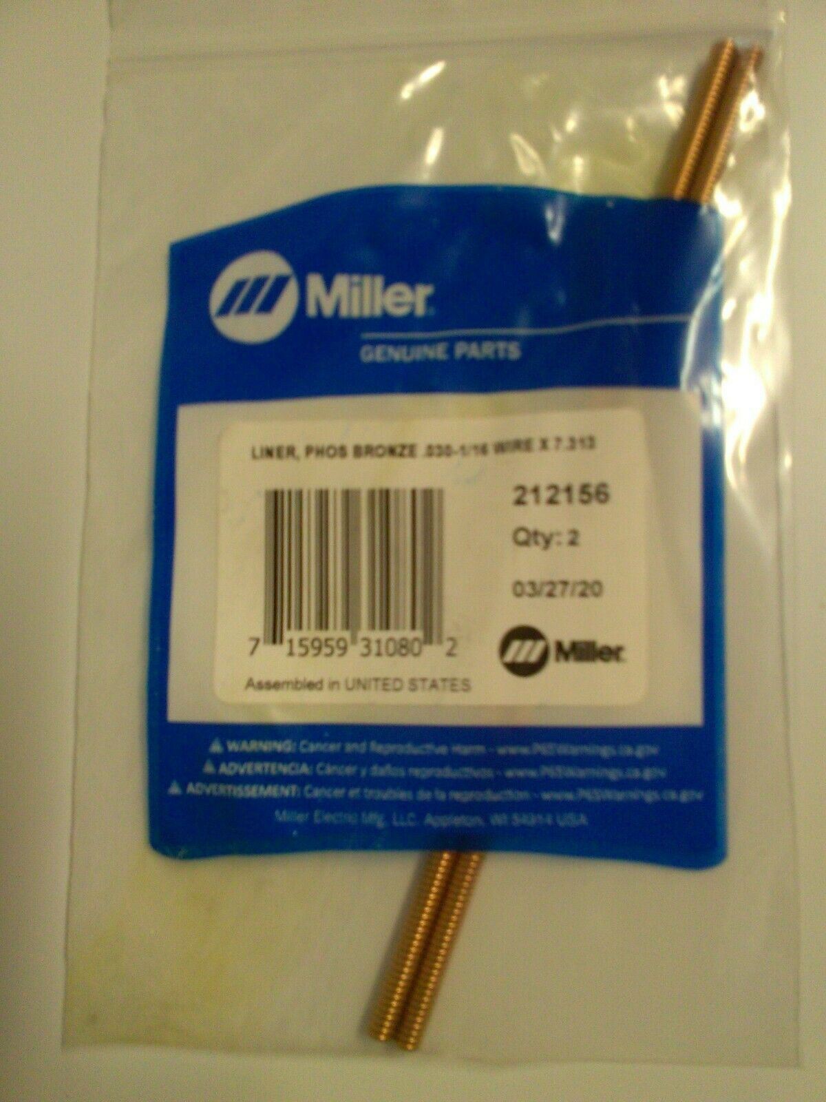 Miller 212156 Liner Bronze .030 1/16 PK2 For Spoolmatic 15A – Atlas ...
