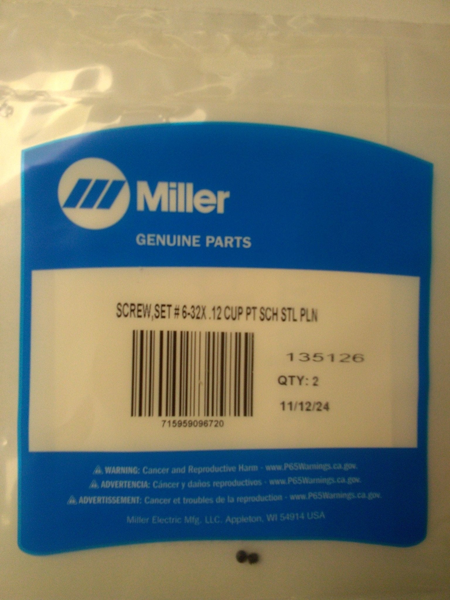 Miller SCREW,SET # 6-32X .12 CUP PT SCH STL PLN - 135126 – Atlas ...